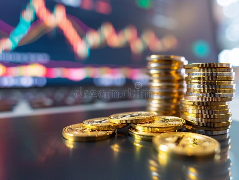 A Stack of Gold Coins Arranged in a Circle on the Table Stock Photo ...