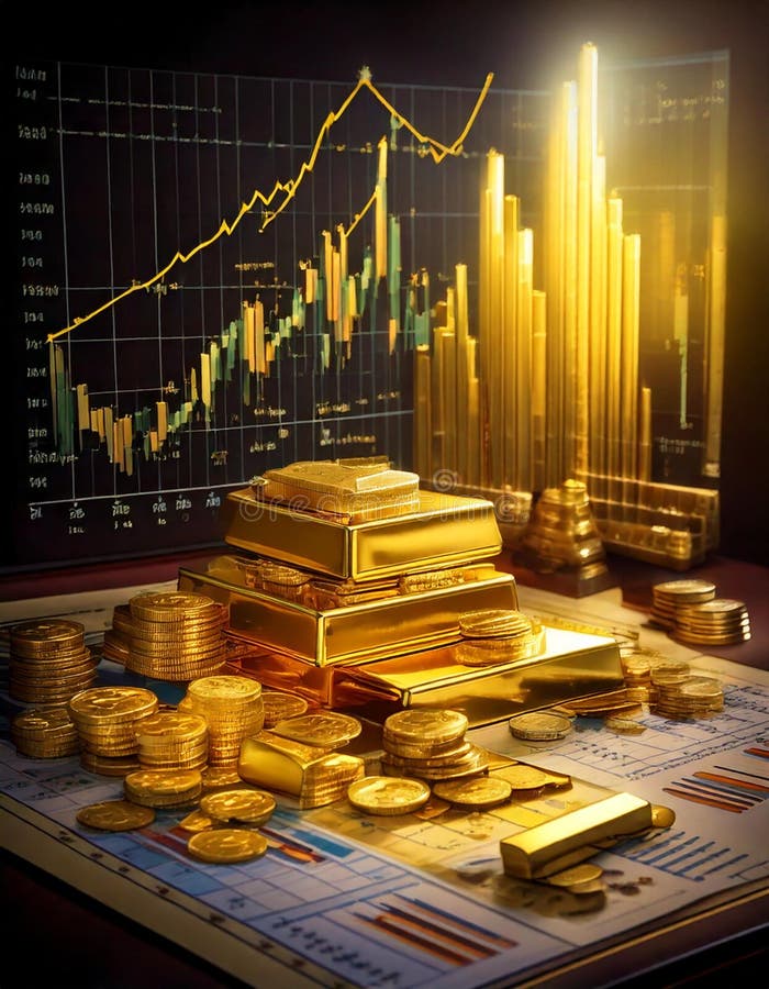 A Stack of Gold Coins and Bars Sit on Top of a Chart with a Downward Trend Stock Illustration ...