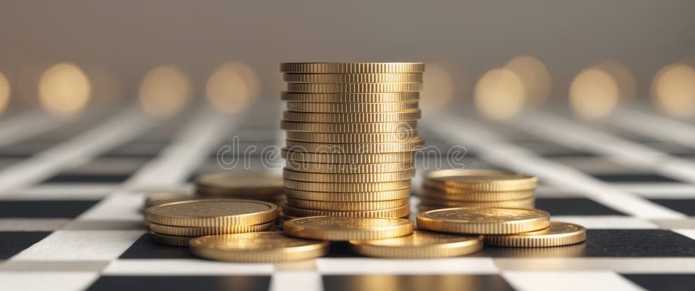 A Stack of Gold Coins is on a Checkered Table. Stock Photo - Image of ...