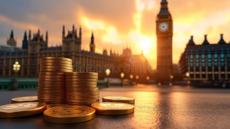Stack of Gold Coins in Front of Historic Building at Sunset ...