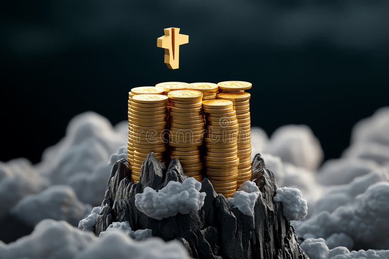 A Stack of Gold Coins with a Hovering Cross Above, Set on a Rocky ...