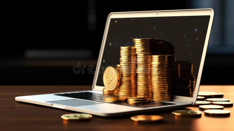 Stack of Gold Coins and Laptop on Wooden Table. 3D Rendering Stock ...