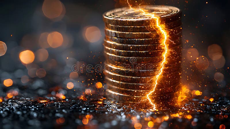 Stack of Gold Coins with Lightning Bolt Splitting through Them ...