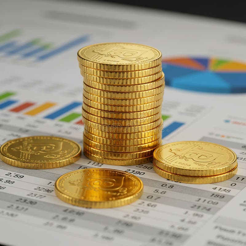 A Stack of Gold Coins is Placed on Financial Documents Featuring Graphs ...