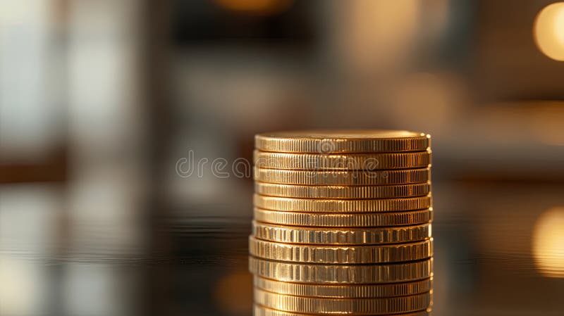 A Stack of Gold Coins Placed Neatly on a Reflective Glass Surface with ...