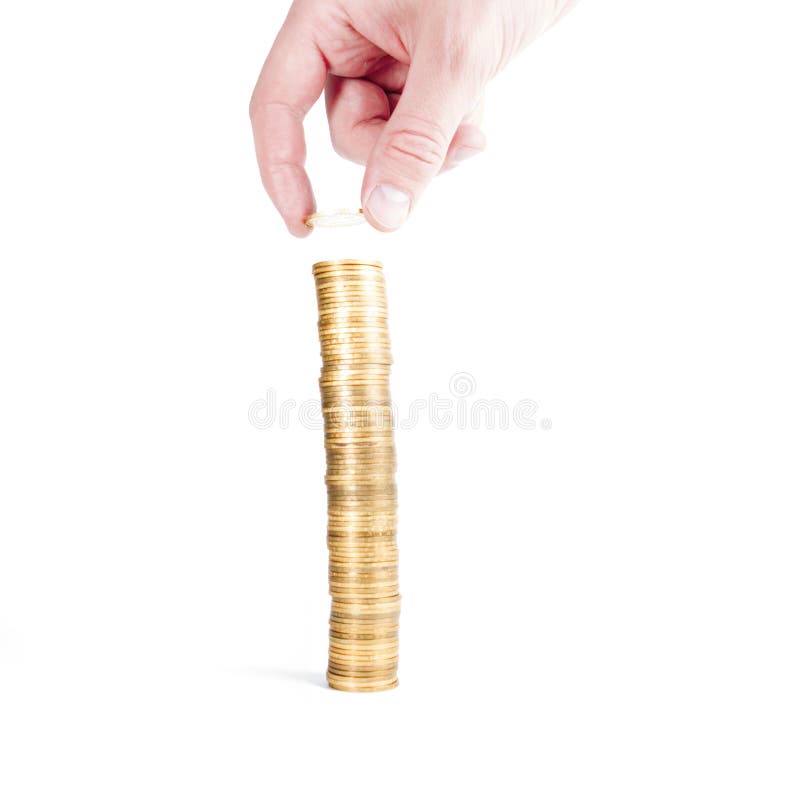 Stack Gold Coins with Reflection and Hand Isolated Stock Image - Image ...