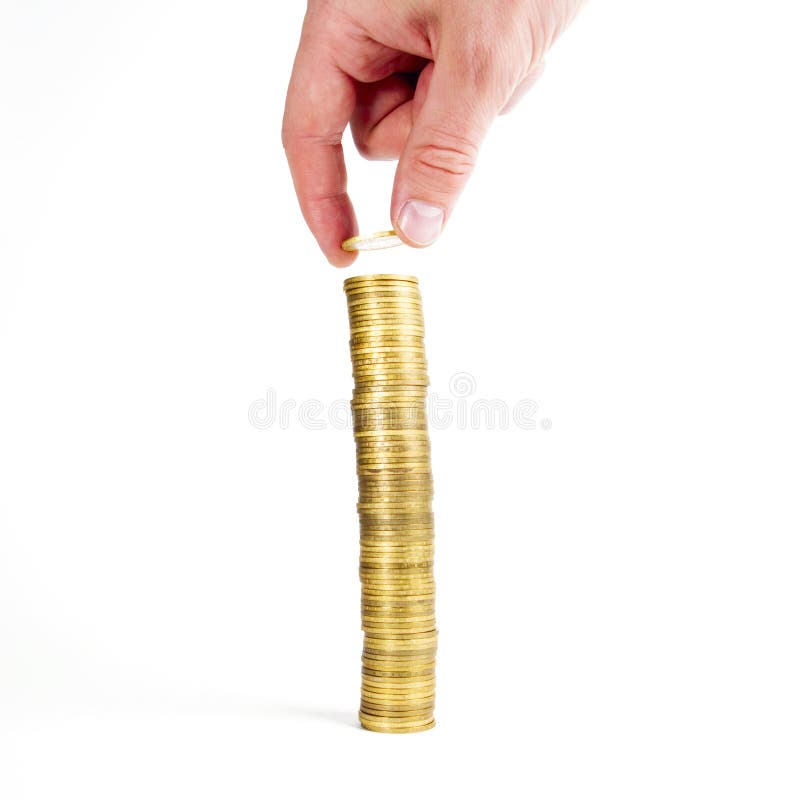 Stack Gold Coins with Reflection and Hand Isolated Stock Photo - Image ...