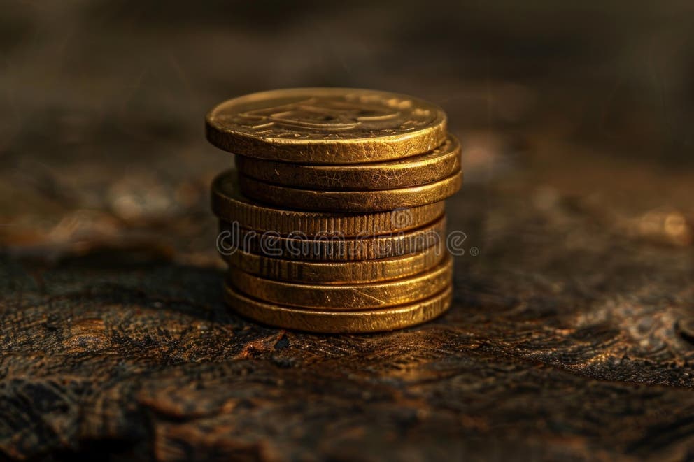 Stack of Gold Coins Resting on Weathered Wood Surface Stock Image ...