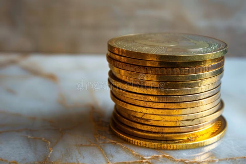 Stack of Gold Coins Standing on Marble Surface Stock Photo - Image of ...