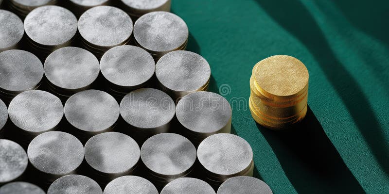 Stack of Gold Coins Stands Out among Many Silver Coins on Green Surface ...