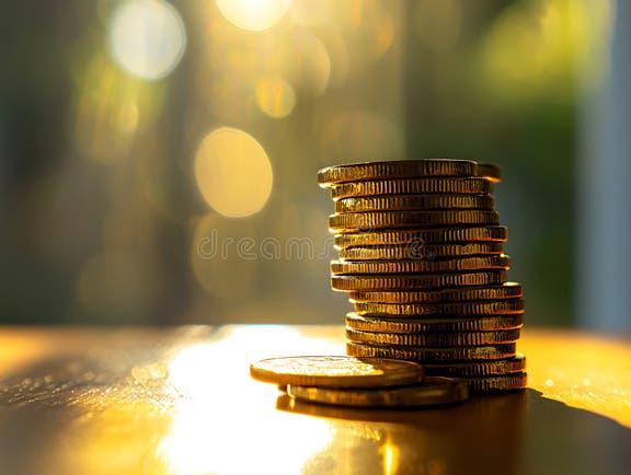 A Stack of Gold Coins with Sunlight Streaming through a Window Stock ...