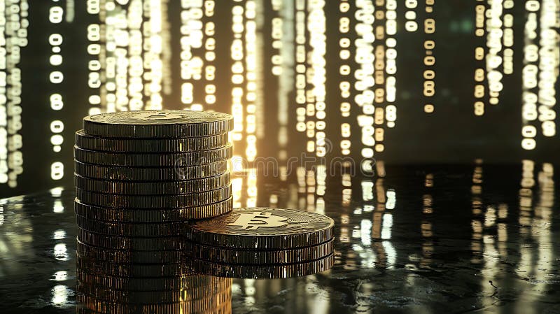 A Stack of Gold Coins is on a Table in Front of a Computer Screen with ...