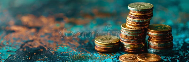 Stack of Gold Coins on Teal Surface Stock Photo - Image of savings ...