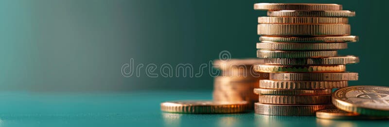 Stack of Gold Coins on Teal Surface Stock Image - Image of currency ...