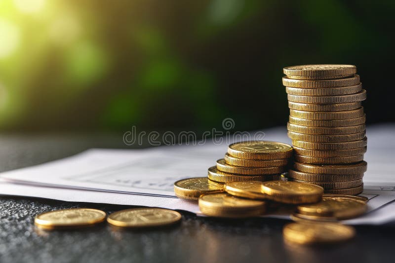 A Stack of Gold Coins on Top of a Piece of Paper Stock Photo - Image of ...