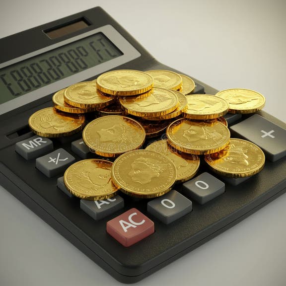 A Stack of Gold-colored Coins is Placed on a Dark Calculator with a ...