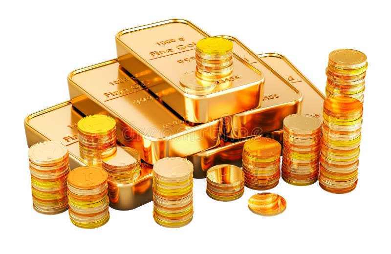 Stack of Gold Ingots and Golden Coins, 3D Rendering Stock Illustration ...