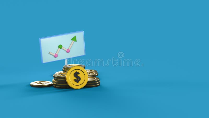 Stack of Gold-plated Coins and a Board with a Graph on a Bright Blue ...