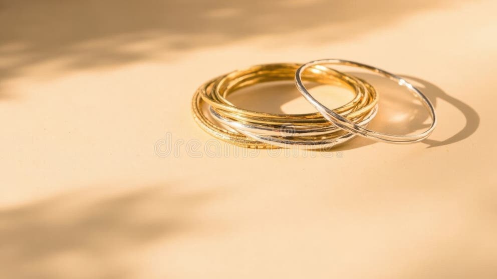 A Stack of Gold and Silver Bangles Rests on a Softly Lit Surface Stock ...