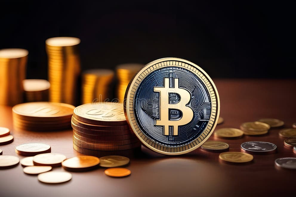 Stack of Gold and Silver Bitcoins on Brown Table Against Dark ...