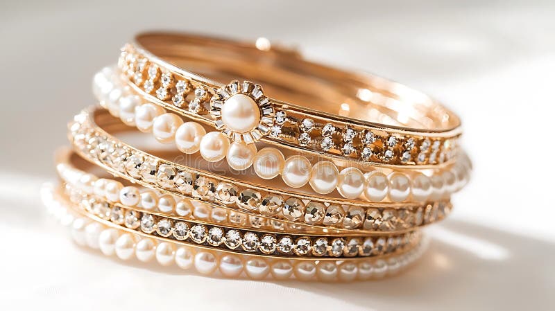 A Stack of Gold and White Bangles with Pearls and Crystals Stock Image ...