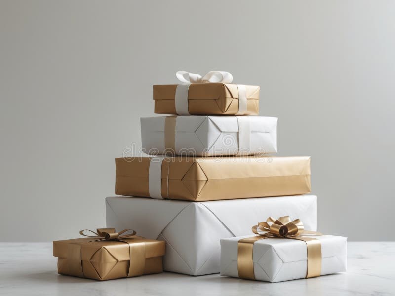 A Stack of Gold and White Wrapped Presents Stock Photo - Image of piled ...