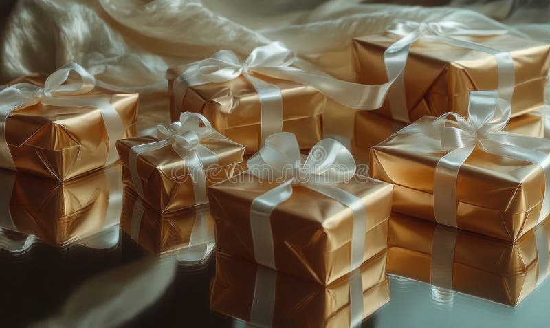 A Stack of Gold and White Wrapped Presents Stock Illustration ...