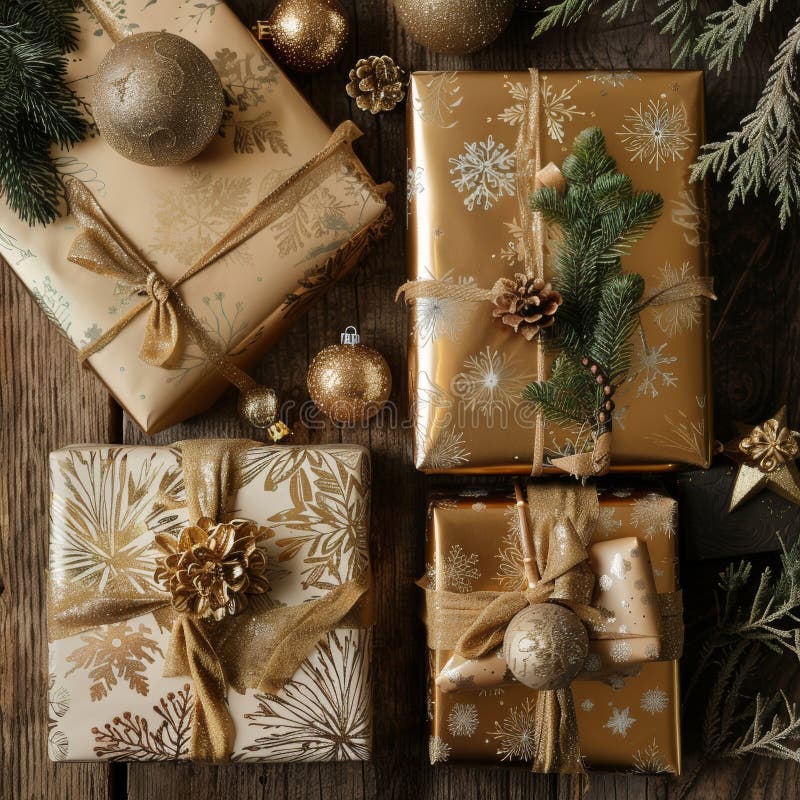 A Stack of Gold Wrapped Presents with a Pine Tree on Top Stock ...