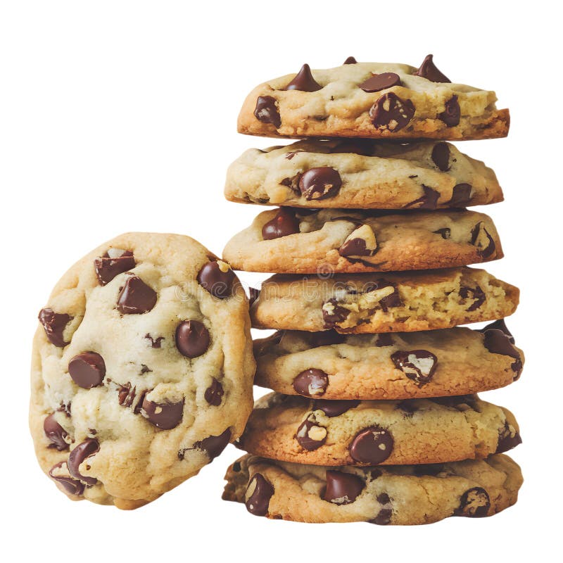 Stack of Golden Brown Chocolate Chip Cookies, Top One Tilted, White ...