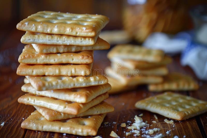 Stack of Golden-brown Salted Crackers, and Placed on a Wooden Table ...