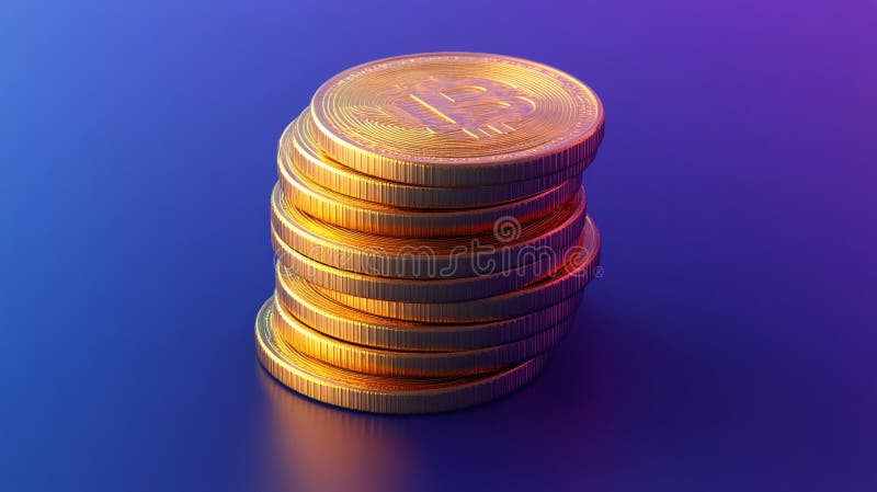 Stacked Golden Coins Reflecting Light Smooth Blue Surface Minimalist ...