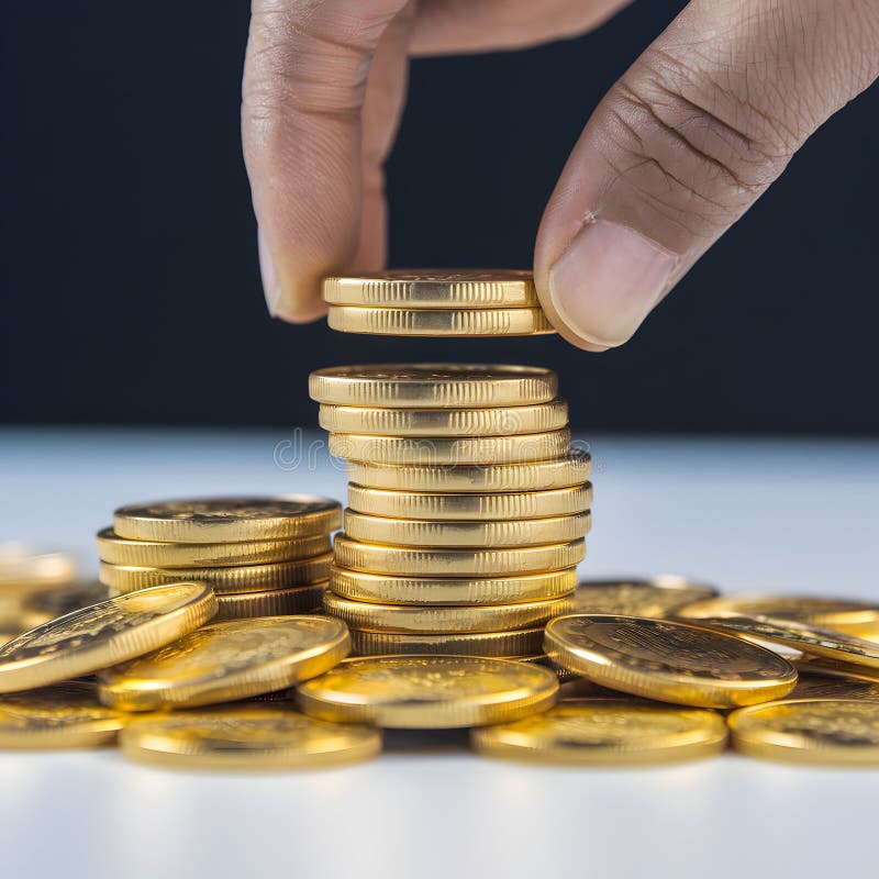 Hand Adds Coins To Stack, Symbolizing Wealth Accumulation Stock ...