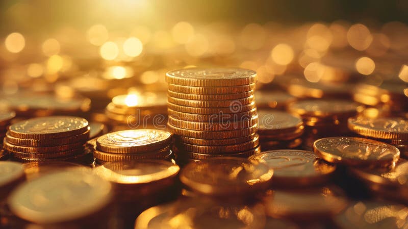 Stack of Golden Coins Glowing in the Sunlight Stock Image - Image of ...