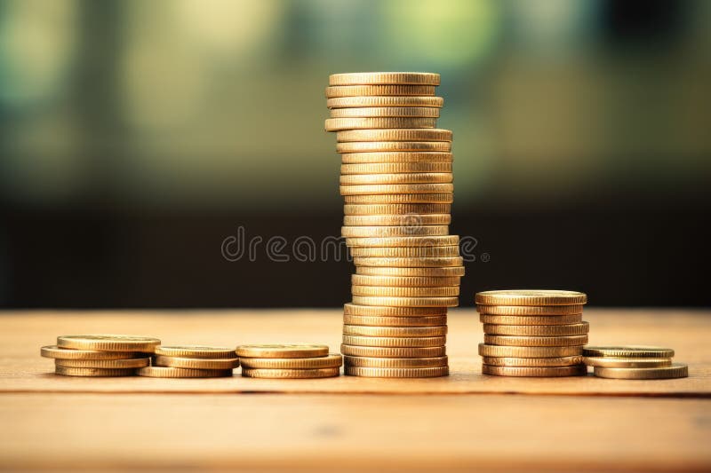Stack of Golden Coins Increasing in Height on a Simple Desk Stock Photo ...