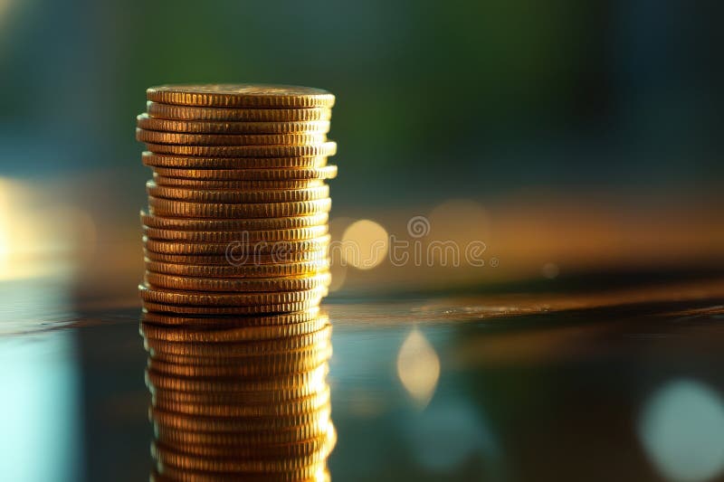 Stack of Golden Coins Reflecting on a Smooth Surface Stock Illustration ...