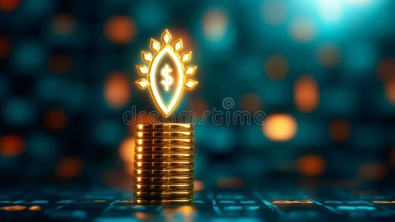 A Stack of Golden Coins Rises from a Digital Surface, Illuminated by a ...