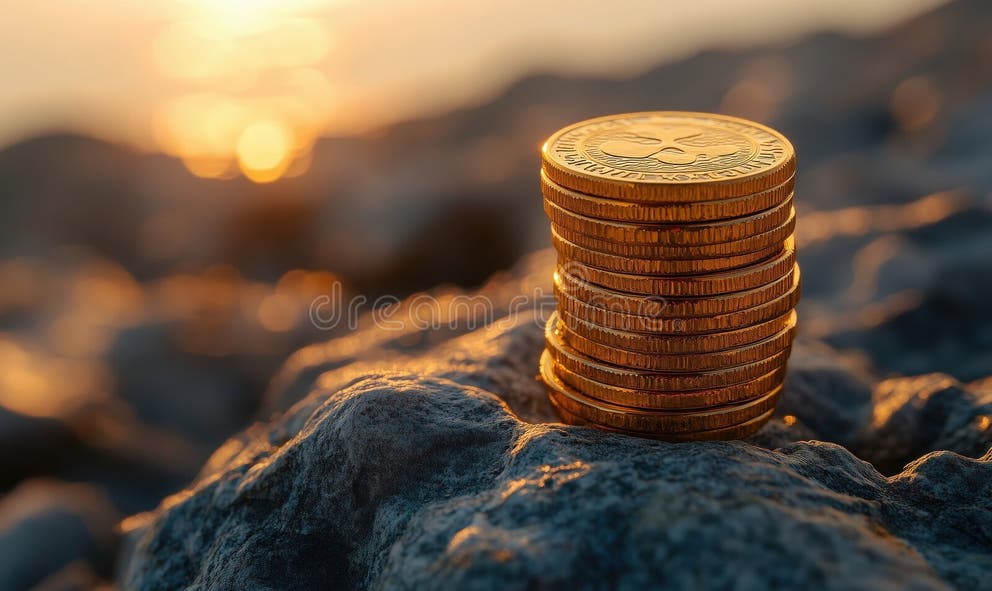 Stack of Golden Coins on Rocky Surface with Sunset Background Creating ...