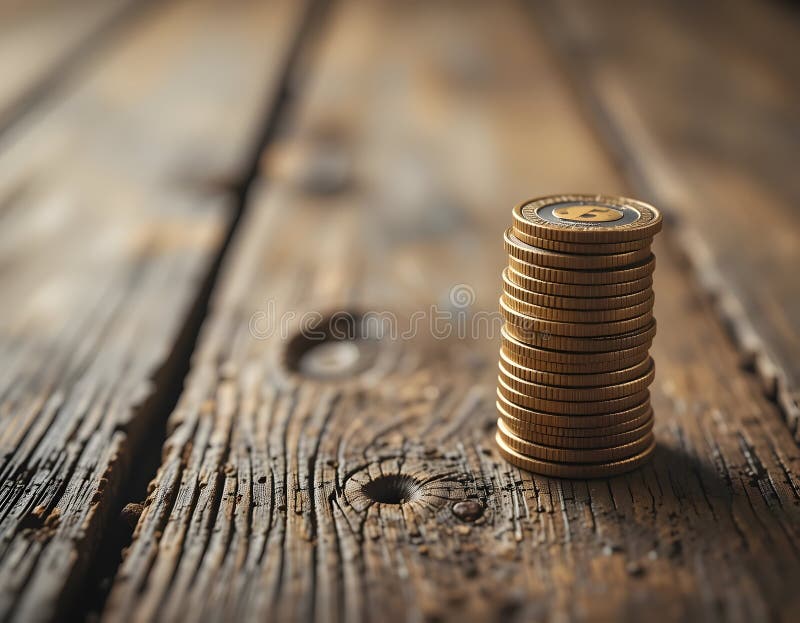 Stack Golden Coins Rustic Wood Surface Currency Wealth Stock Photos ...