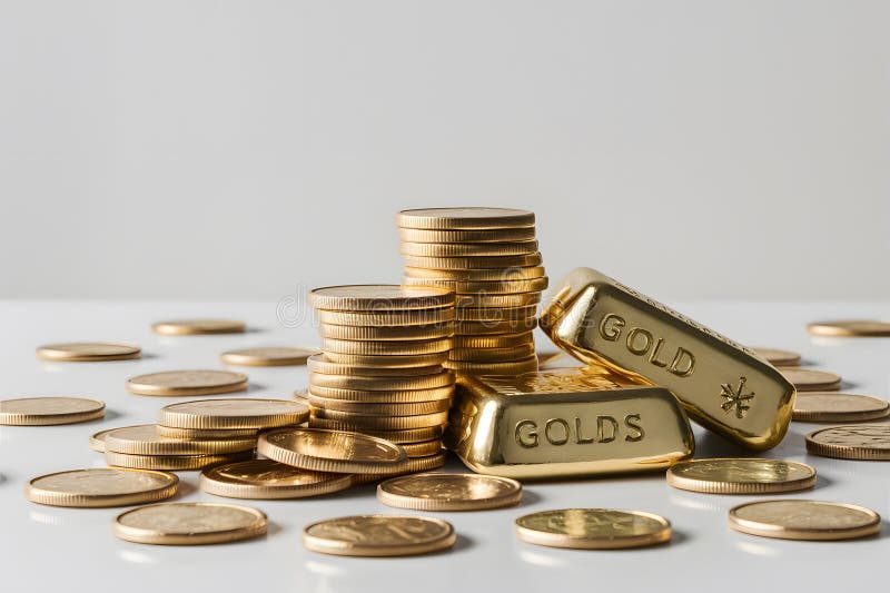 Stack of Golden Coins, Scattered with Gold Bars, Against Plain White ...