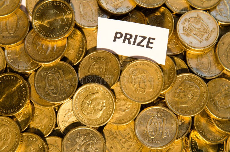Prize Sign at a Stack of Golden Coins Stock Photo - Image of collection ...