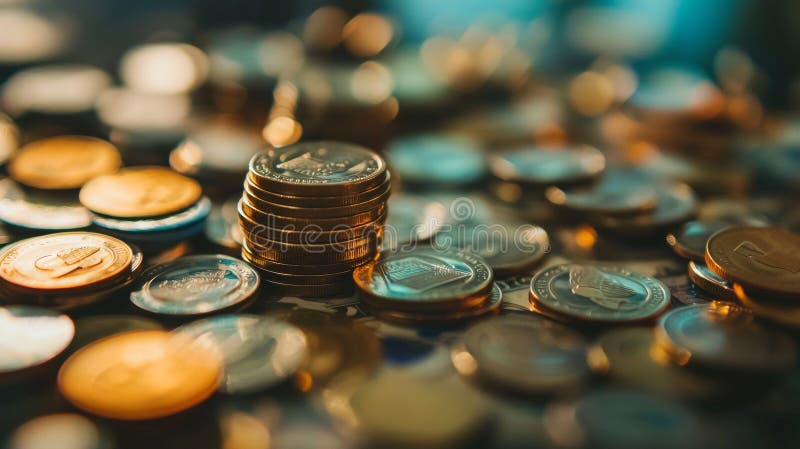 Stack of Coins in a Dimly Lit Room with Scattered Currency Stock Photo ...