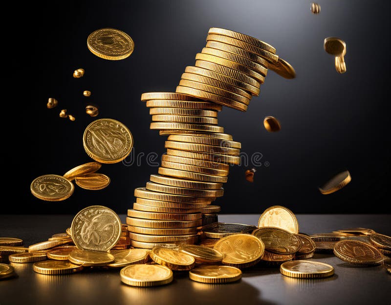 Stack of Golden Coins Toppling Over on Dark Background Stock ...