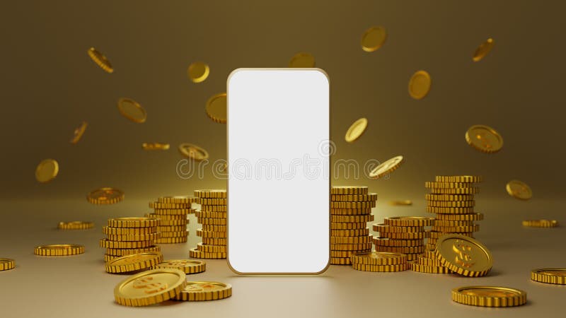 Stack of Golden Coins with White Screen Mobile Mockup Over Gold ...