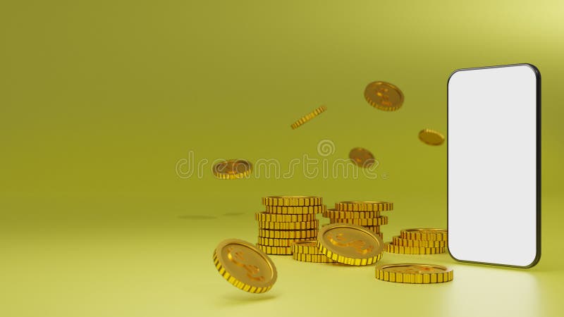 Stack of Golden Coins with White Screen Mobile Mockup Over Yellow ...
