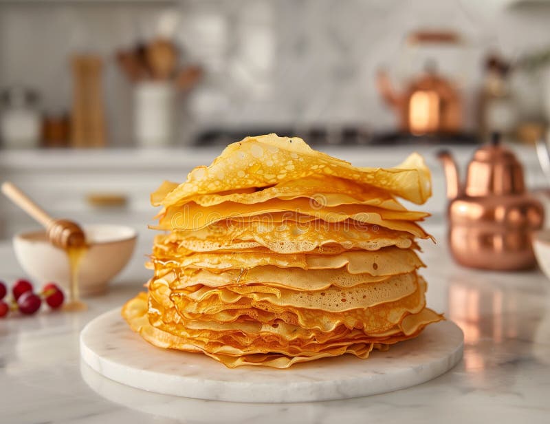 A Stack of Golden Crepes on a White Marble Board Stock Illustration ...