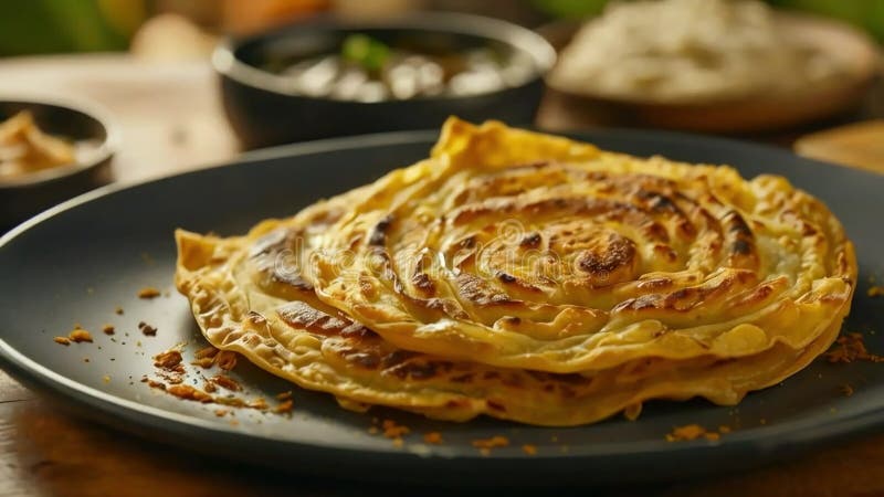 Stack of Golden, Flaky Flatbread on a Dark Plate, with Other Food ...