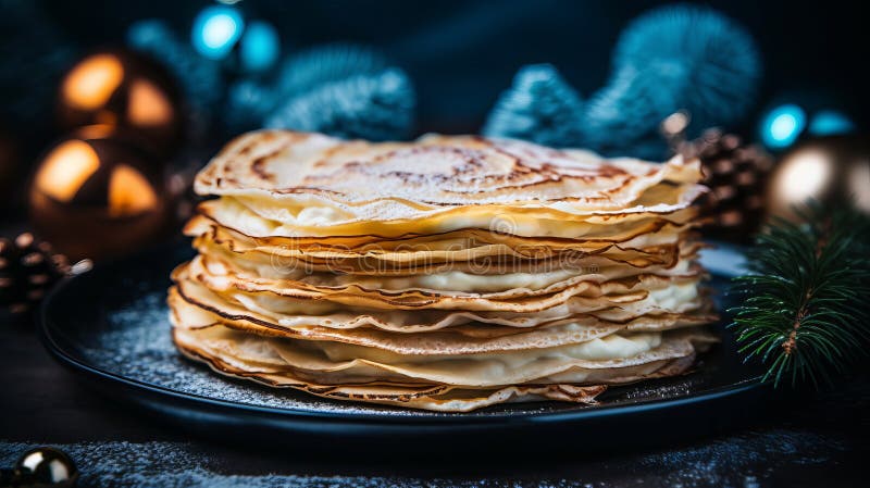 Stack of Golden Pancakes on a Dark Table with Festive Decorations in ...