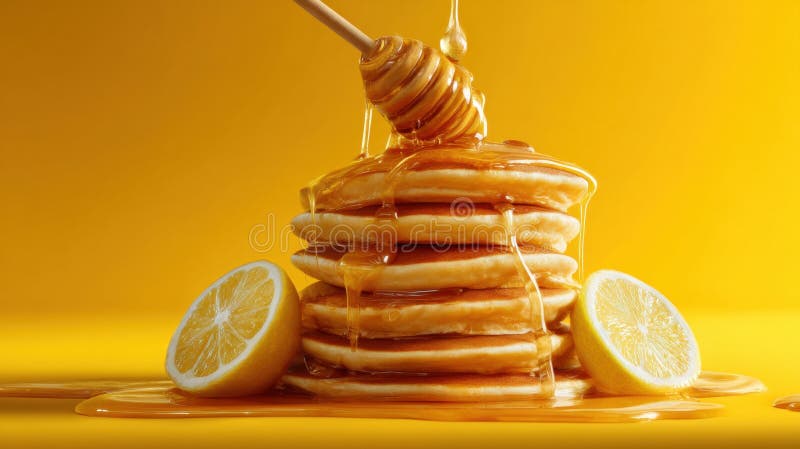 Golden Pancakes Honey Drizzle Yellow Background Stock Photos - Free ...