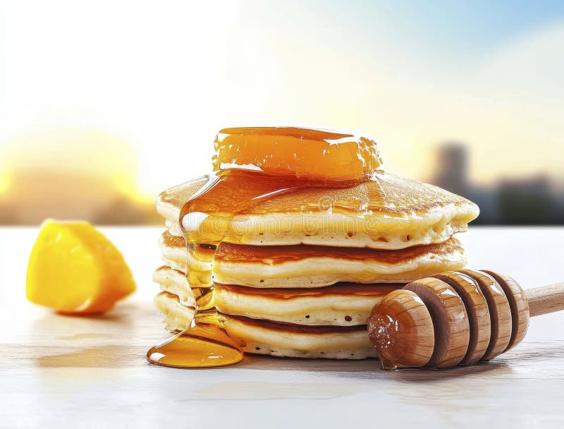 Golden Pancakes with Honey Drizzle at Sunrise Stock Illustration ...