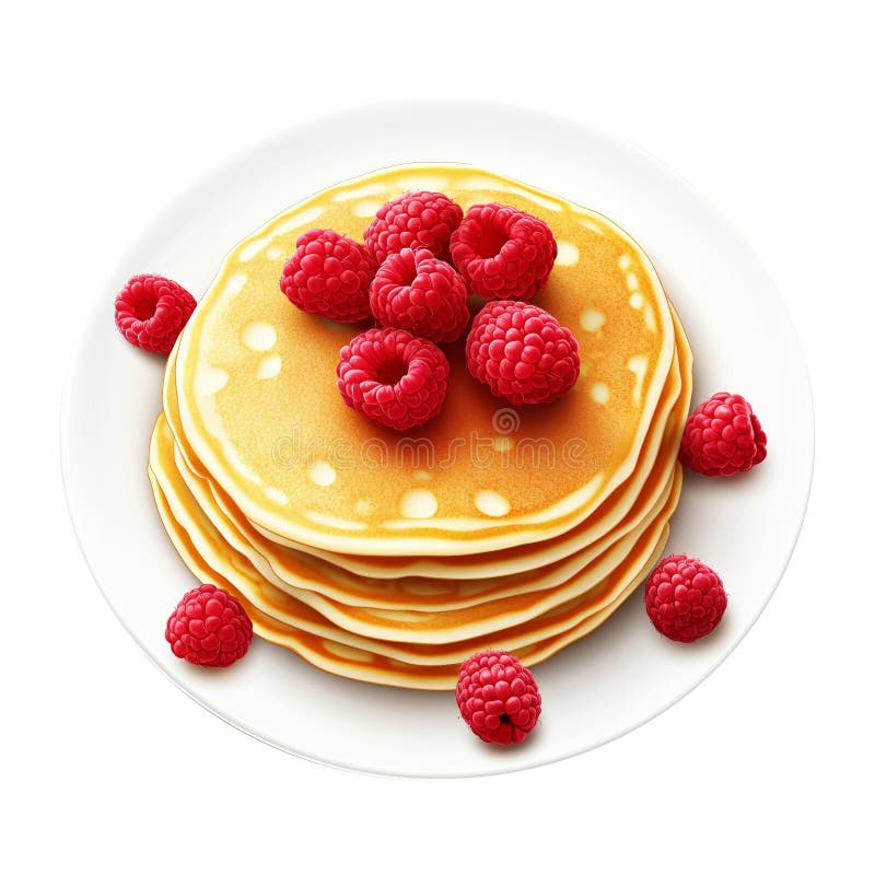 Stack of Golden Pancakes Topped with Raspberries and Syrup, Isolated on ...